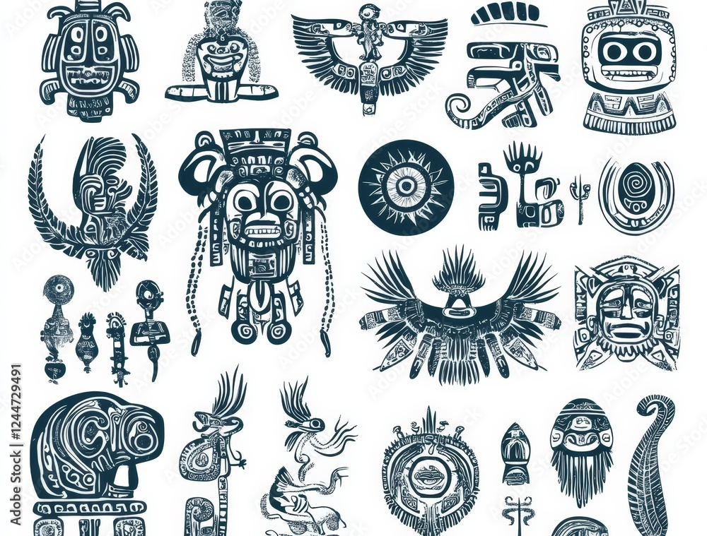 Symbols of Mexican gods. Abstract totemic representations of animals ...