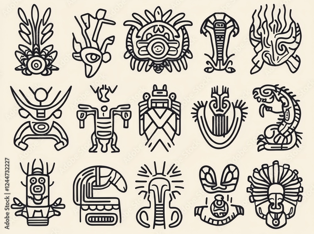 Symbols of Mexican tribes and Aztec animals, alongside Maya graphic ...