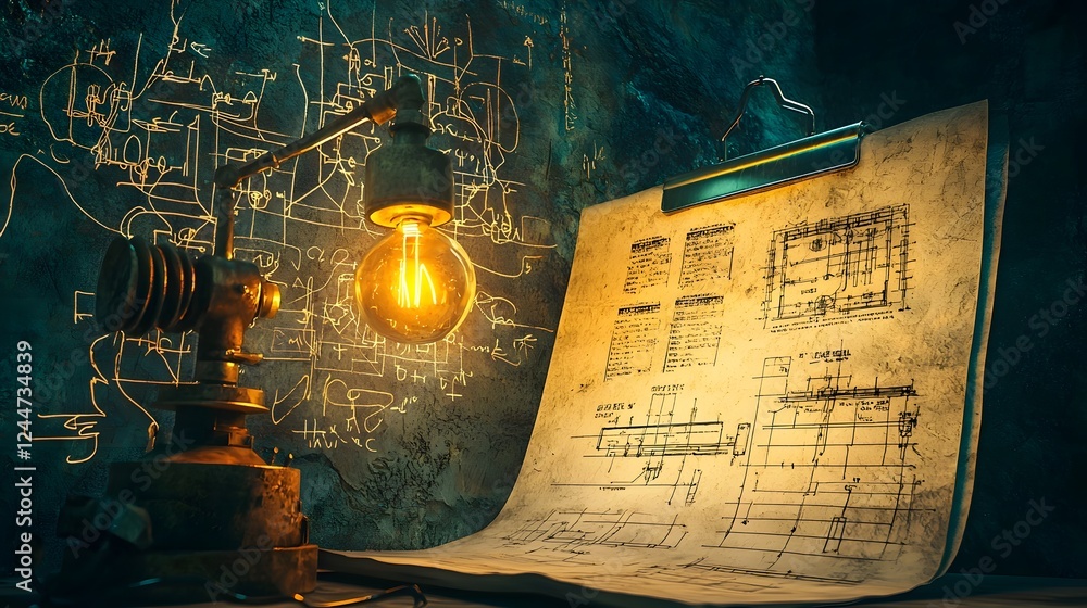 Vintage industrial blueprint room displaying old diagrams and ...