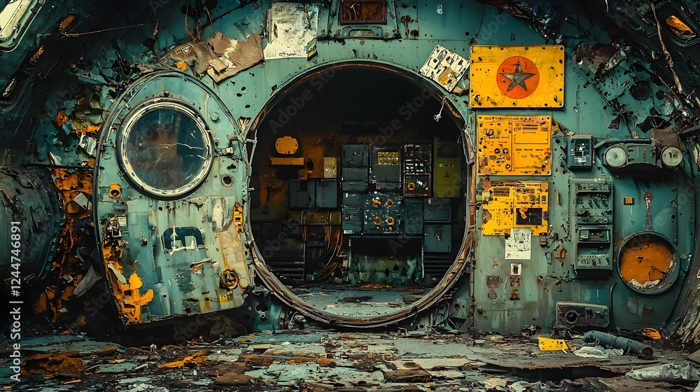 Rusted and weathered control panel in an abandoned underground tunnel ...
