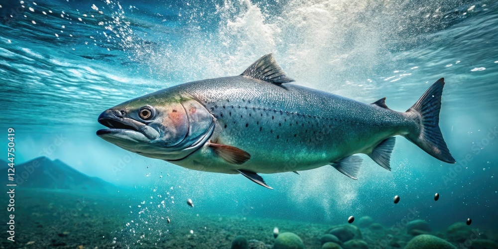 Salmon swimming in the ocean with a trail of slime behind it, salmon ...