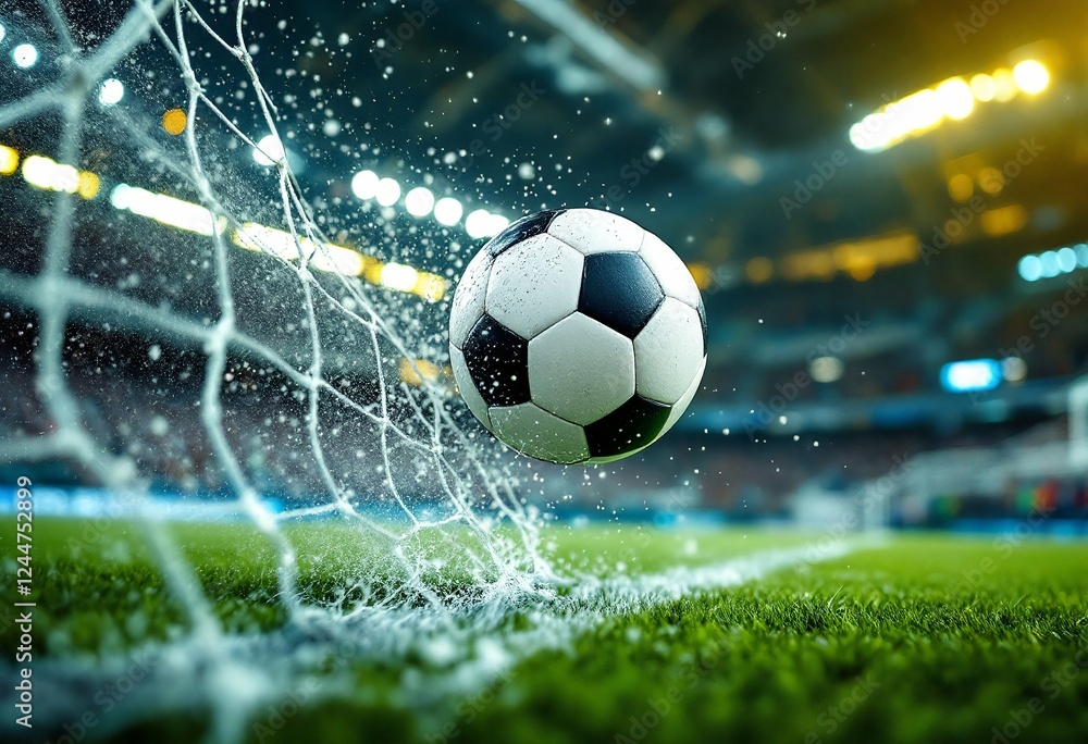 Soccer ball breaking through goal net with water splash on green field ...