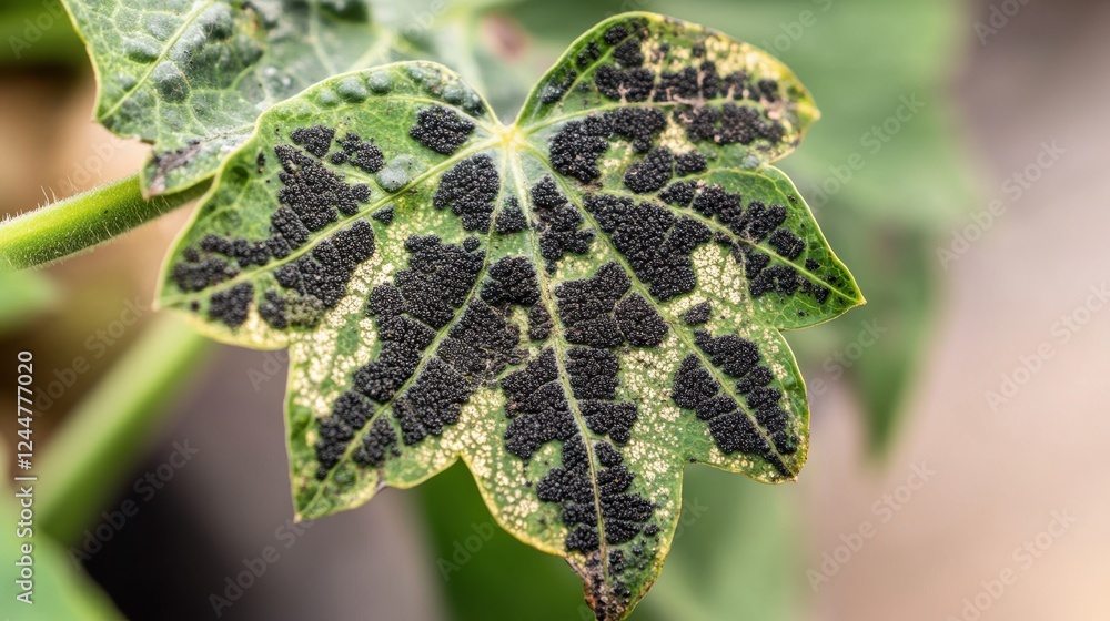 Leaf Disease: A close-up view of a green leaf with distinct black spots ...