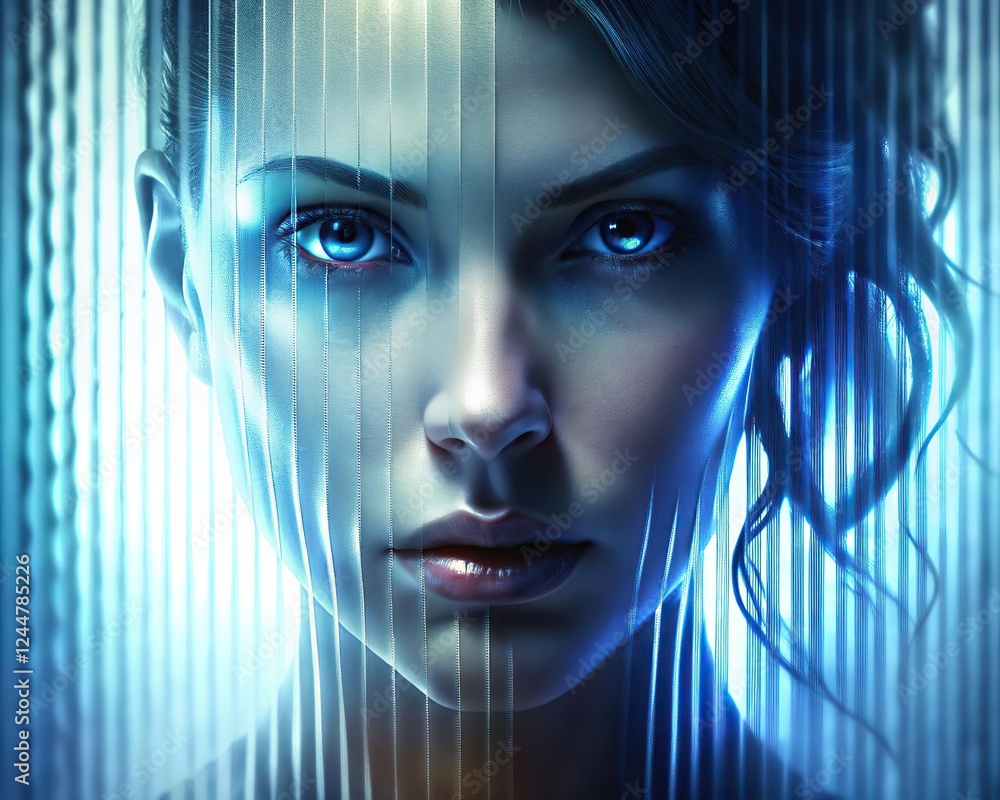 Reeded and Ribbed Glass. Glitched and corrupted female face. Beautiful ...