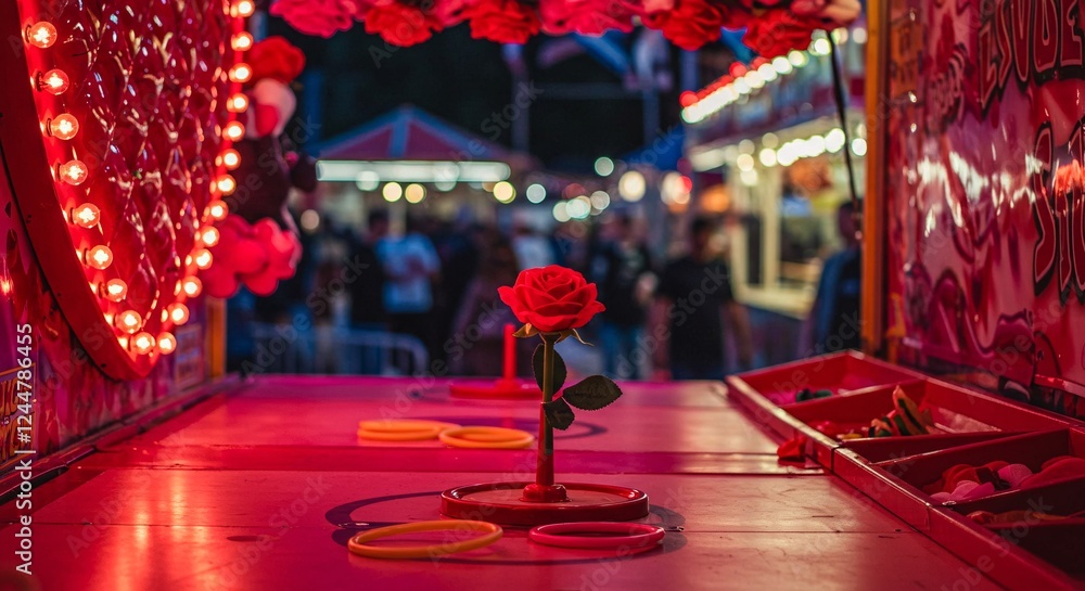 Heart-shaped ring toss game at a carnival, a single plush rose prize ...