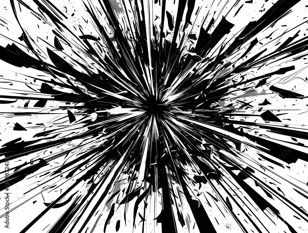 Dynamic abstract explosion in black and white with radial shattered ...