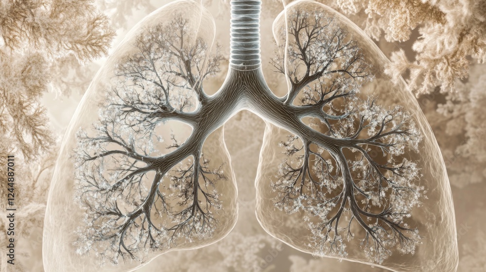 A detailed medical image of human lungs, showcasing the bronchial tubes ...