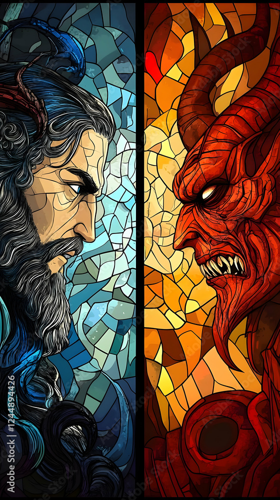 Stained Glass Illustration Depicts Good versus Evil with Intense Stares ...