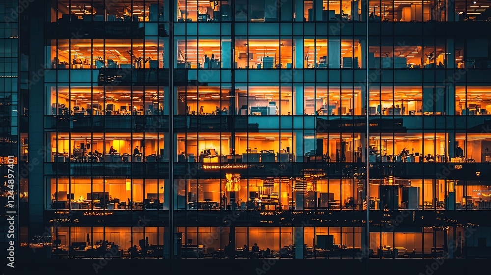 Night view of illuminated office building showing numerous lit windows ...