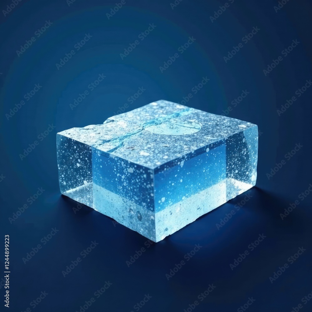 Isolated ice block on dark blue with broken top, rectangular shape ...