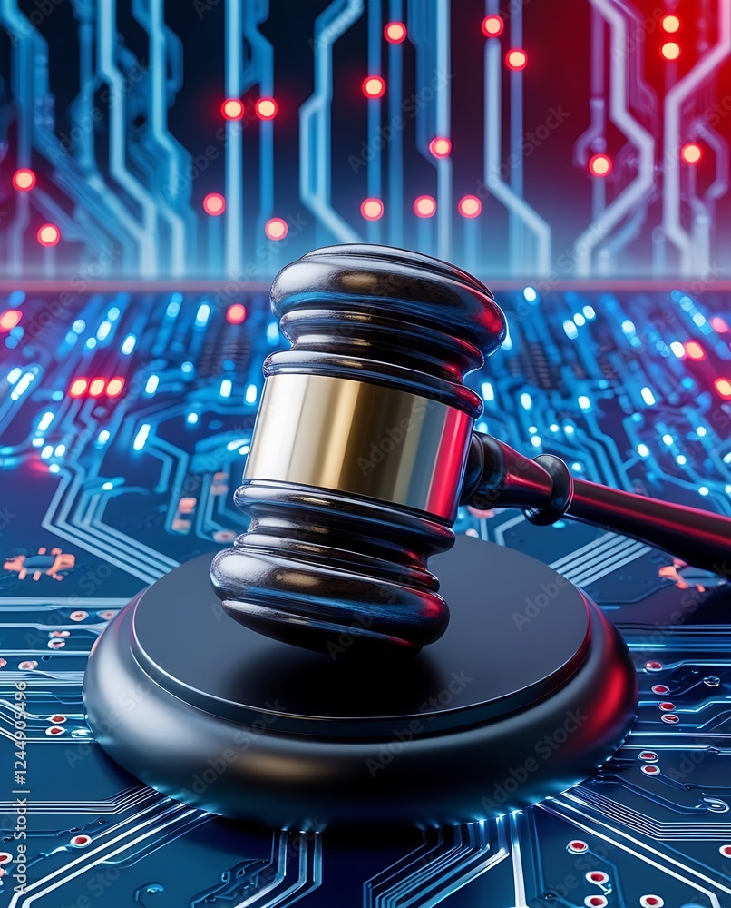 Judge's gavel on a futuristic digital circuit board, symbolizing cyber ...