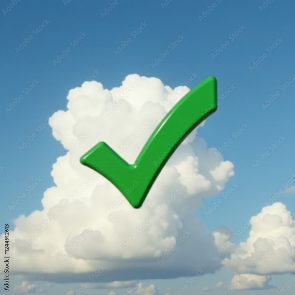Cloudy sky with a prominent green checkmark and wispy clouds, checkmark ...