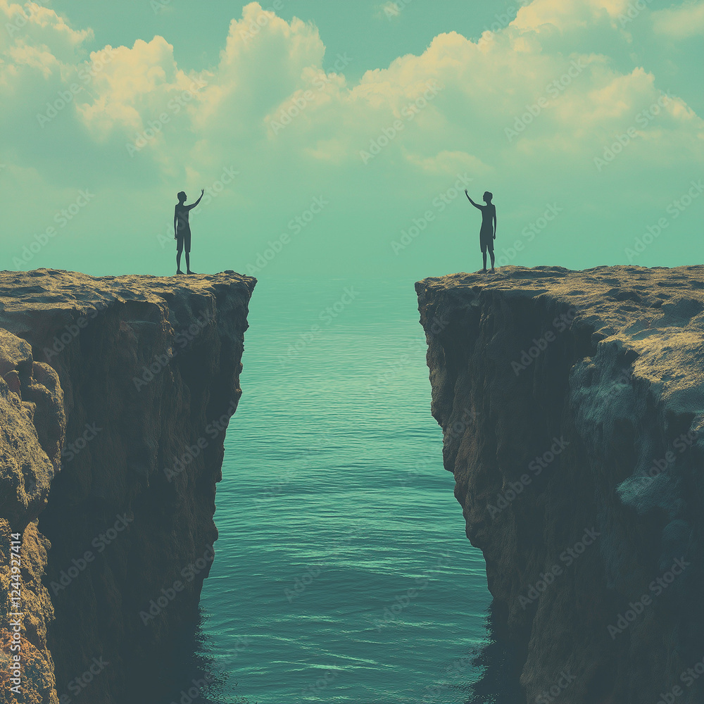Dramatic photograph of two people standing on separate cliffs ...