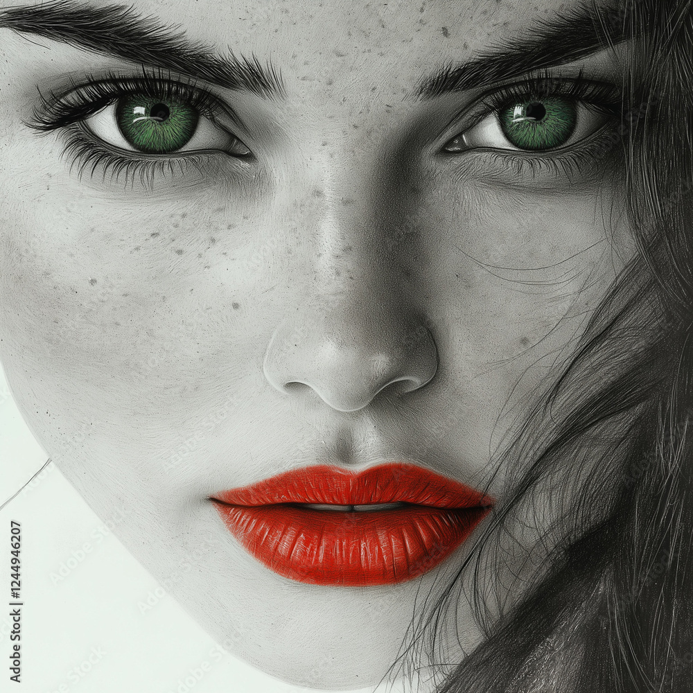 Pencil drawing of a frontal face of an anonymous person, fine lines and ...