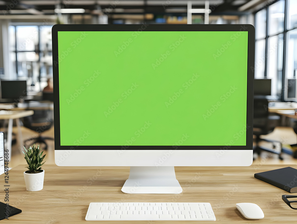 Computer Monitor Displays Green Screen in Modern Office Setting with ...