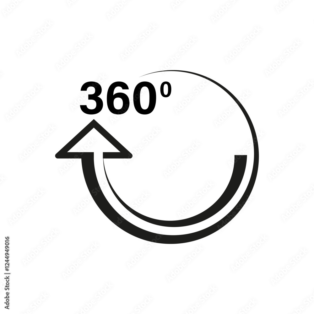 360 degree icon. Circular motion arrow. Black and white vector ...