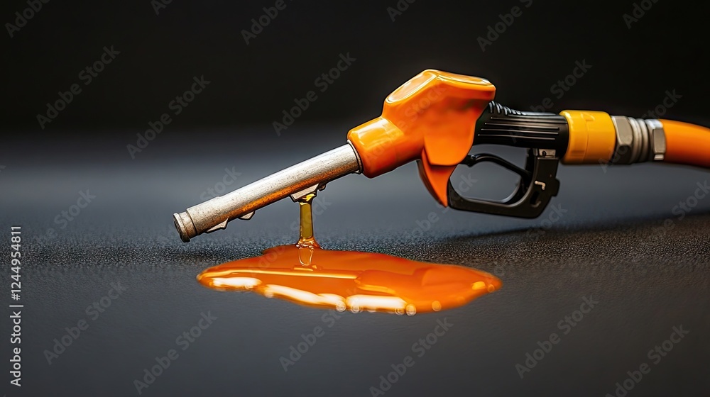 A gas pump nozzle dripping oil onto the ground, showing fossil fuel ...
