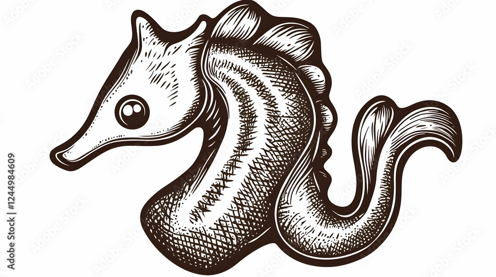 Seahorse Illustration with Detailed Scales and Curled Tail in Retro ...