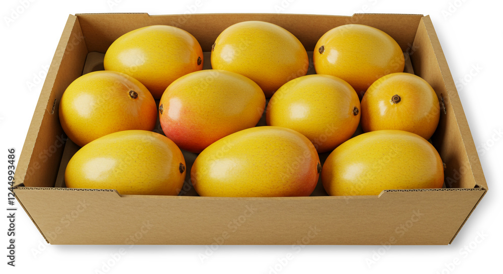 ripe indian organic yellow mango arrange in box, closeup isolated ...