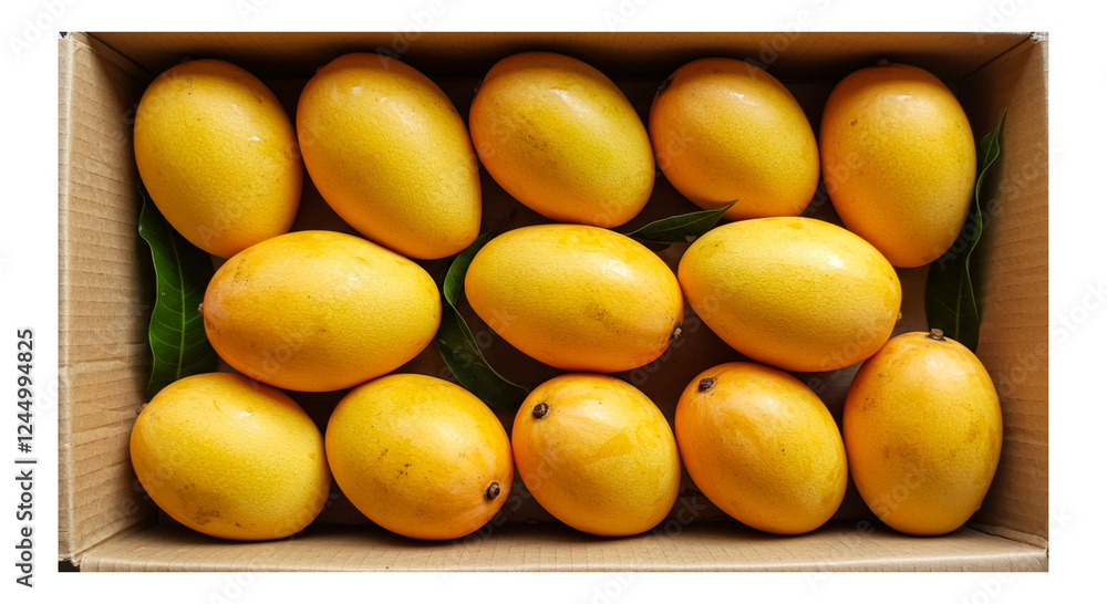 Foto de Stock ripe indian organic yellow mango arrange in box, closeup ...