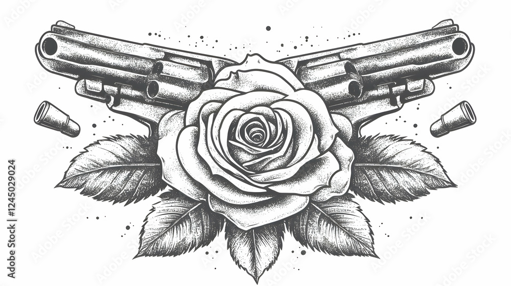 Two Revolvers Frame a Blooming Rose with Fallen Bullet Casings in a ...