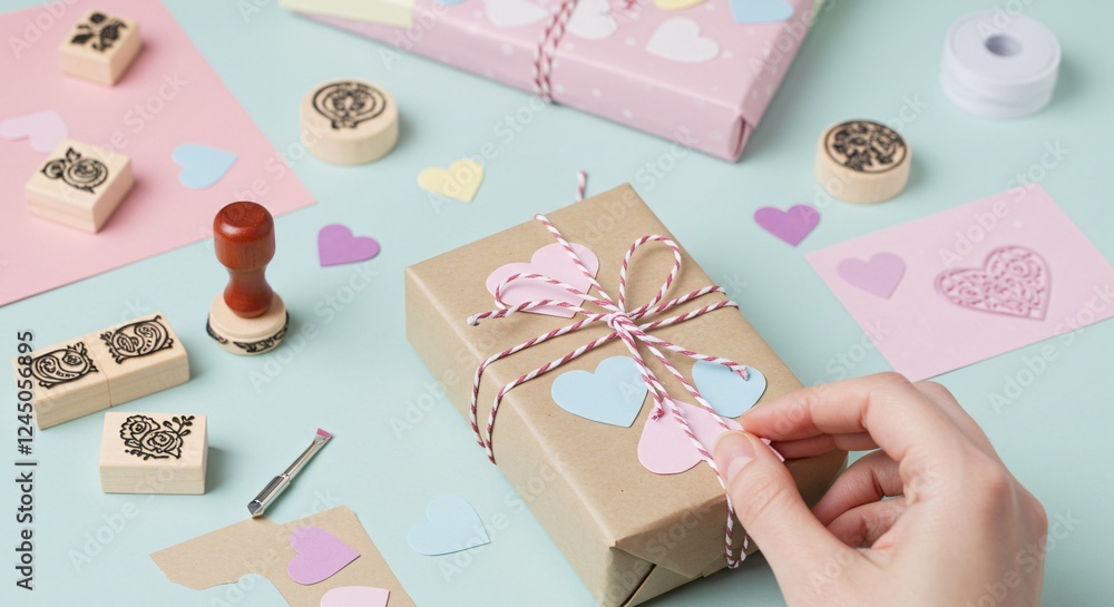 DIY station with stamps and cutout hearts, a half-wrapped gift box ...