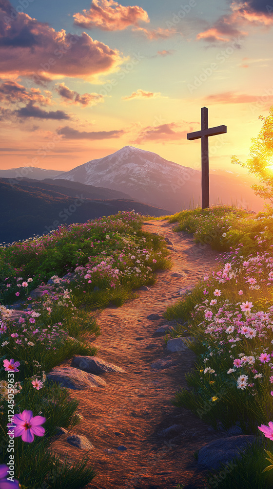 Easter cross on hill, flower aroung, sunset, bible resurrection tomb ...