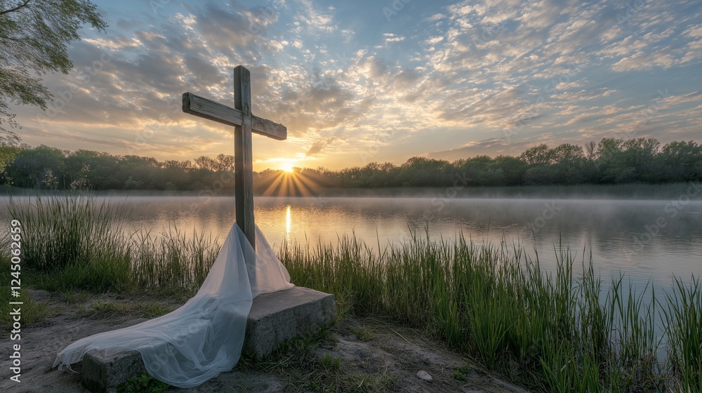 Easter cross on hill, flower aroung, sunset, bible resurrection tomb ...
