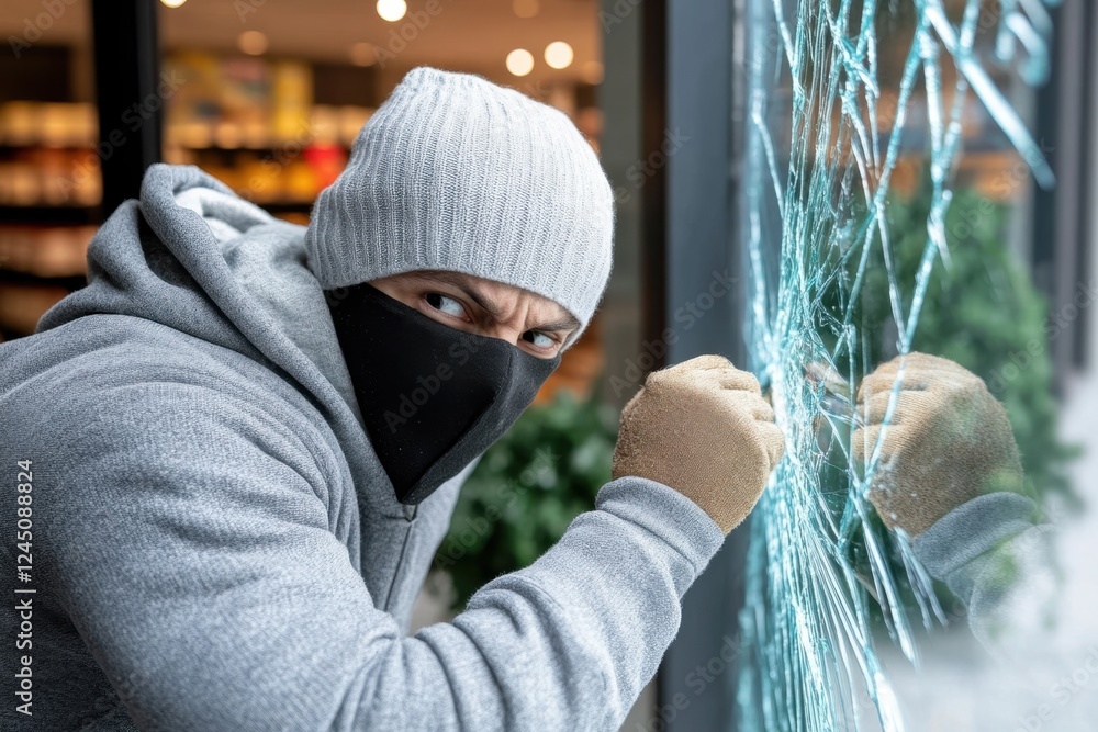 Masked thief breaking a shop window, looking menacingly inside, ready ...