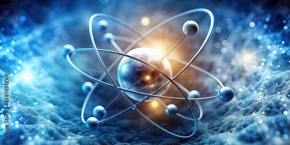 Atom in close-up with nucleus shown as central core surrounded by a ...