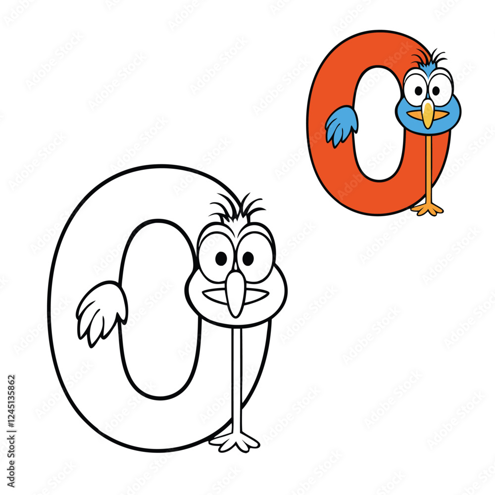 Alphabet letter "O" with an ostrich coloring page featuring a bold ...