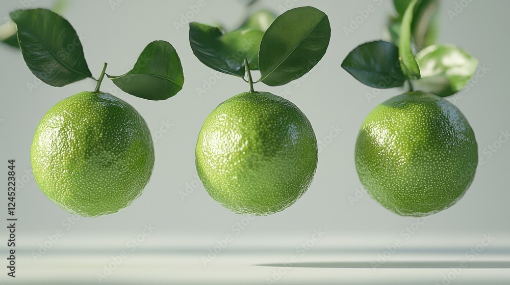 Three limes and thai limes floating with leaves in mid-air on a bright ...