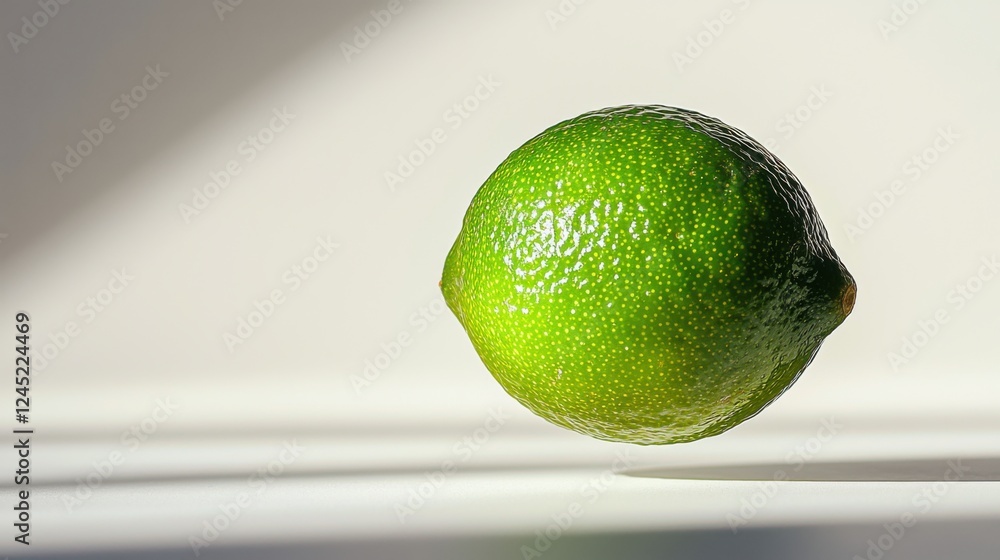 Green floating lime fruit with shadow on a surreal background in a ...