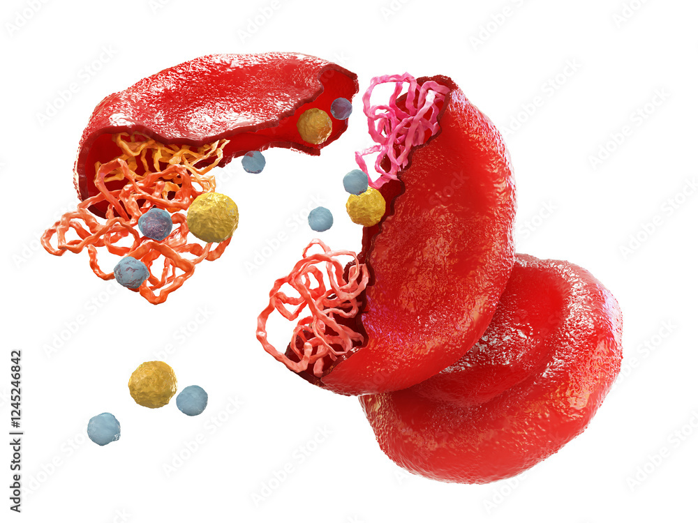 The structure of hemoglobin in red blood cells. Heme groups, ? and ...