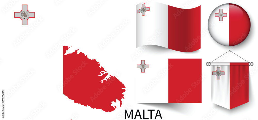 The different designs of Malta's national flags and the map showing ...
