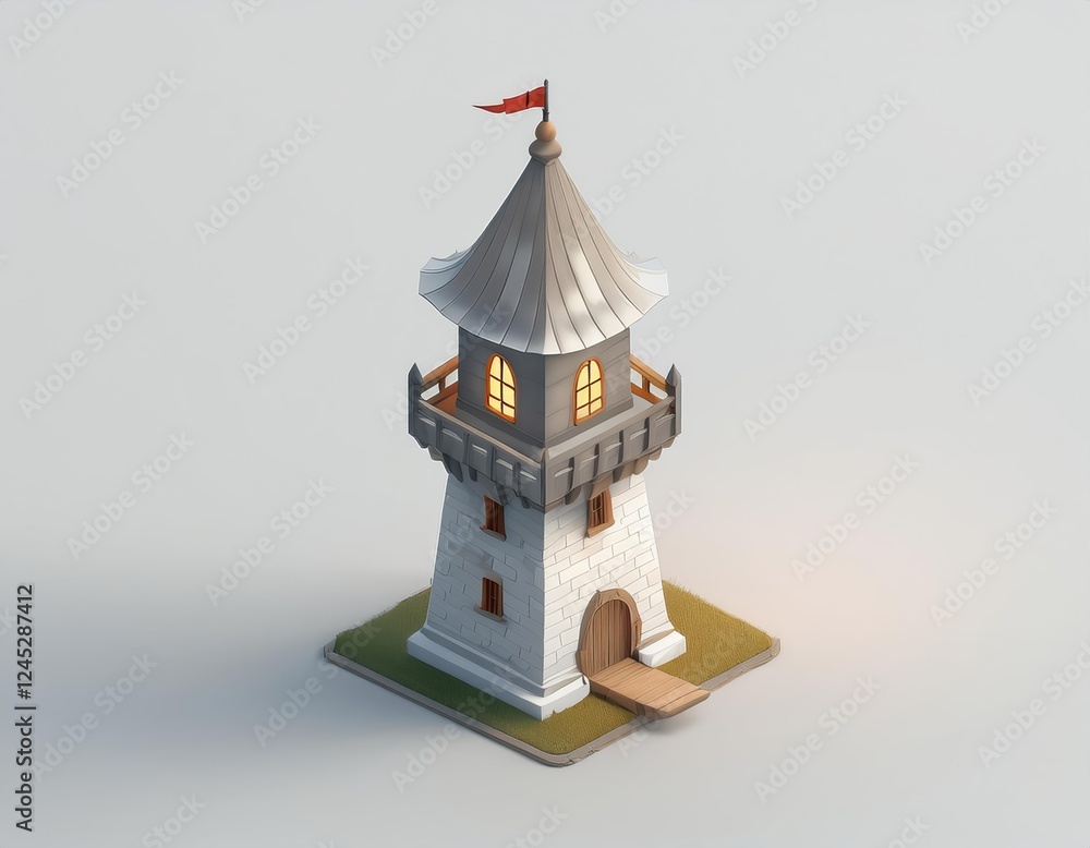 3D isometric whimsical low poly tower stands proudly a small flag atop ...