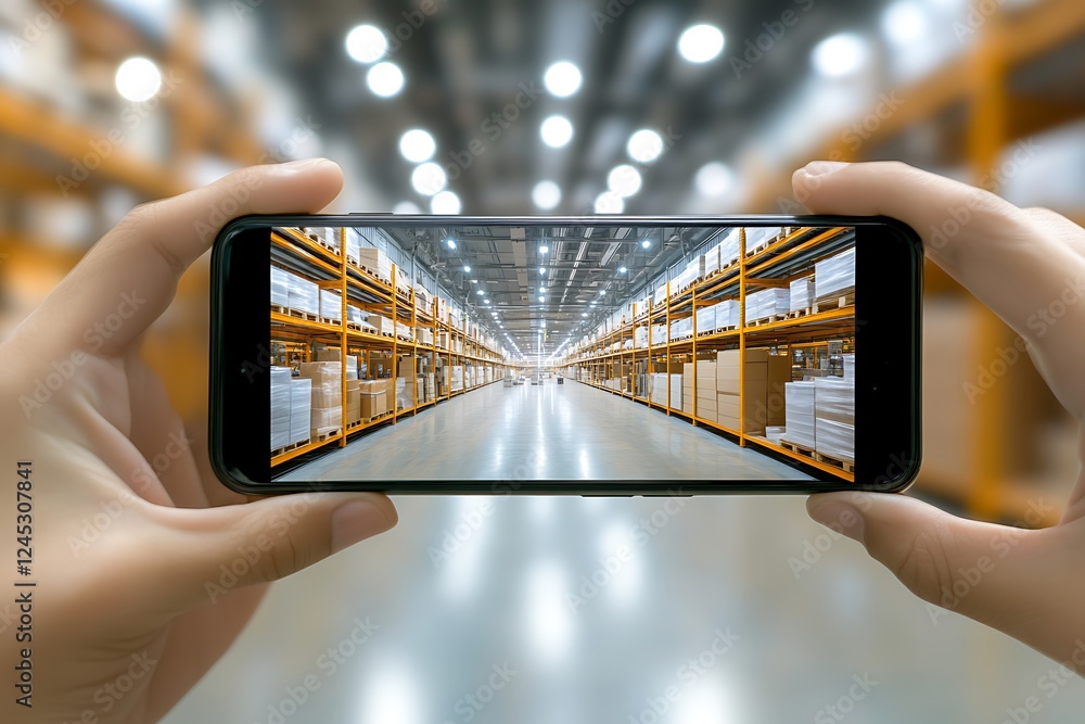 Smartphone captures a warehouse inventory view, showcasing rows of ...