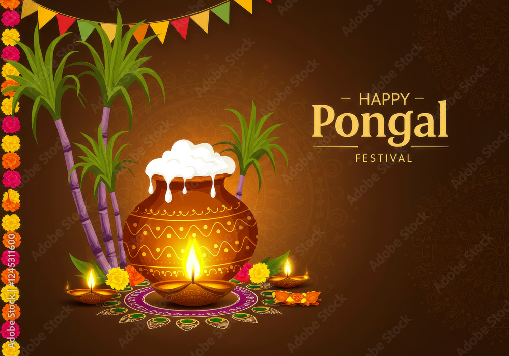 Colorful Pongal Celebration Template with Harvest Symbols and South ...