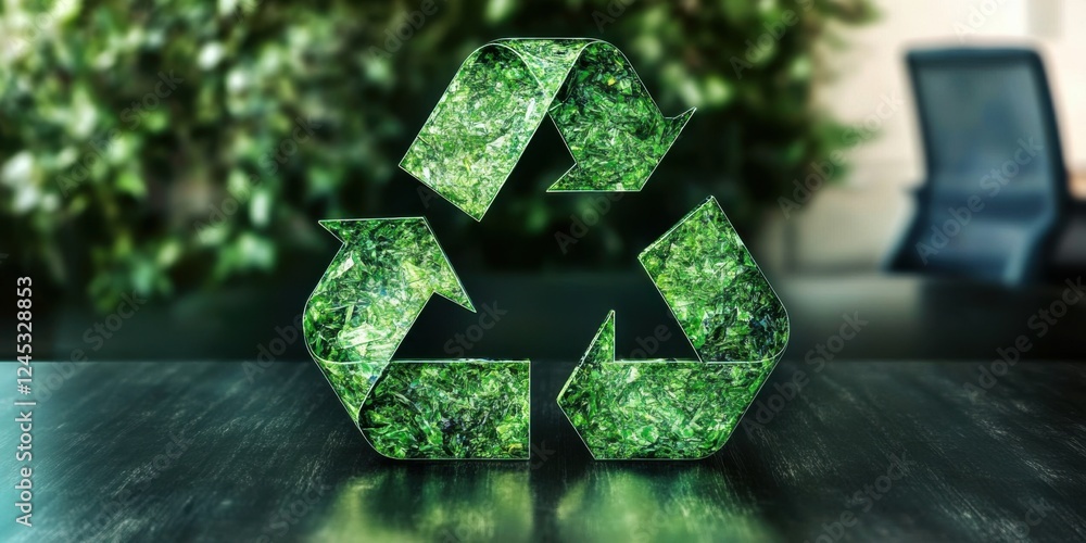 Green recycle symbol icon sign with professional environment background ...
