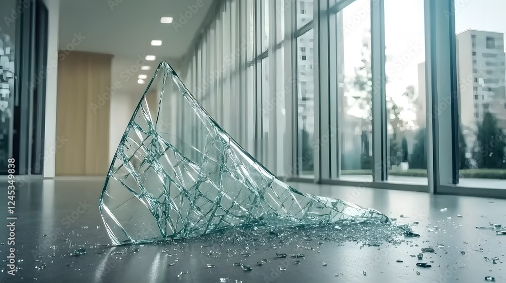 Shattered glass scattered across the floor of a modern office building ...