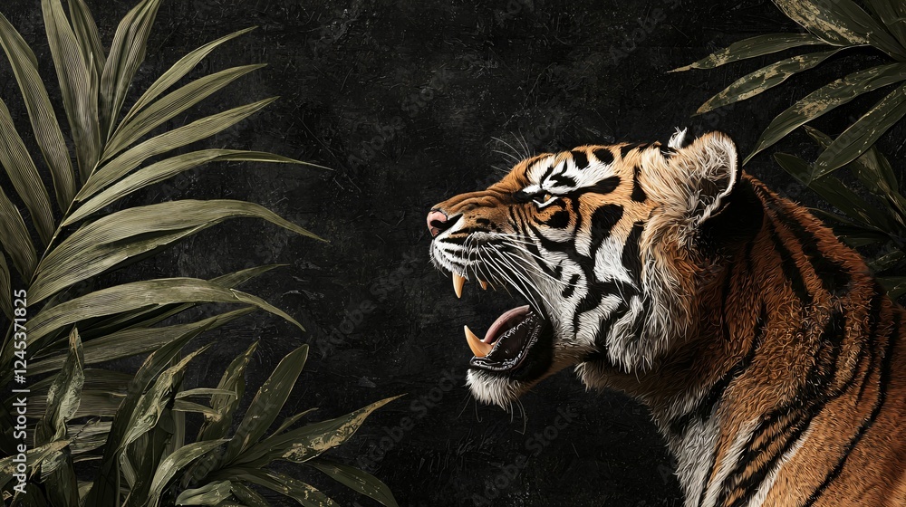 Bengal Tiger Growling Aggressively Amidst Lush Tropical Foliage A ...