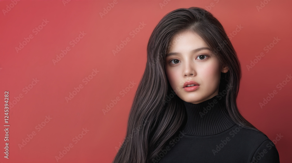 Portrait of a beautiful teenage Asian American model. Long hair past ...