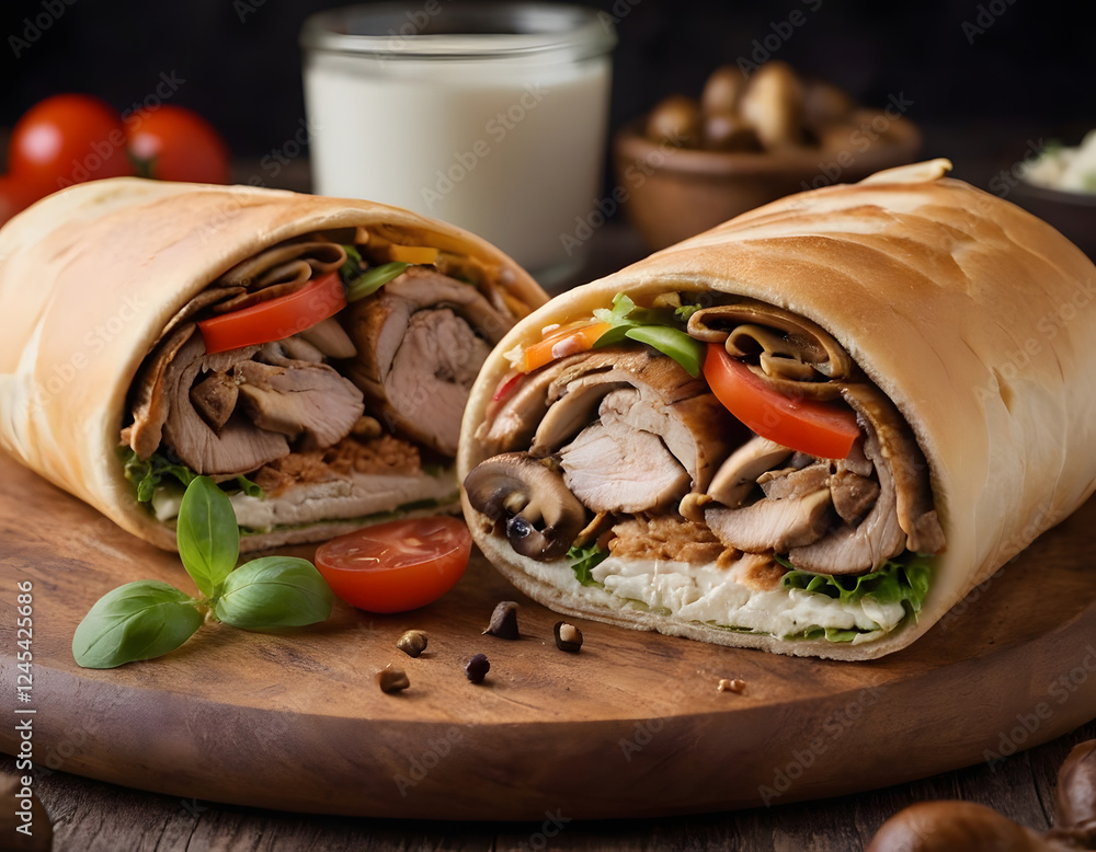 Shawarma sandwich fresh roll with stuffed chicken beef, vegetables ...