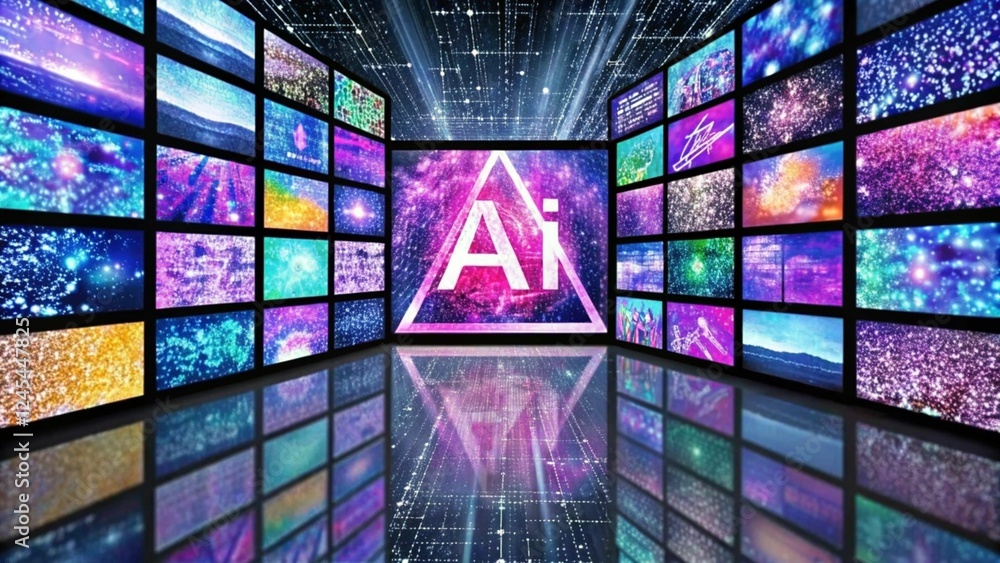 AI Artificial Intelligence concept. Media concept TV - video wall with ...