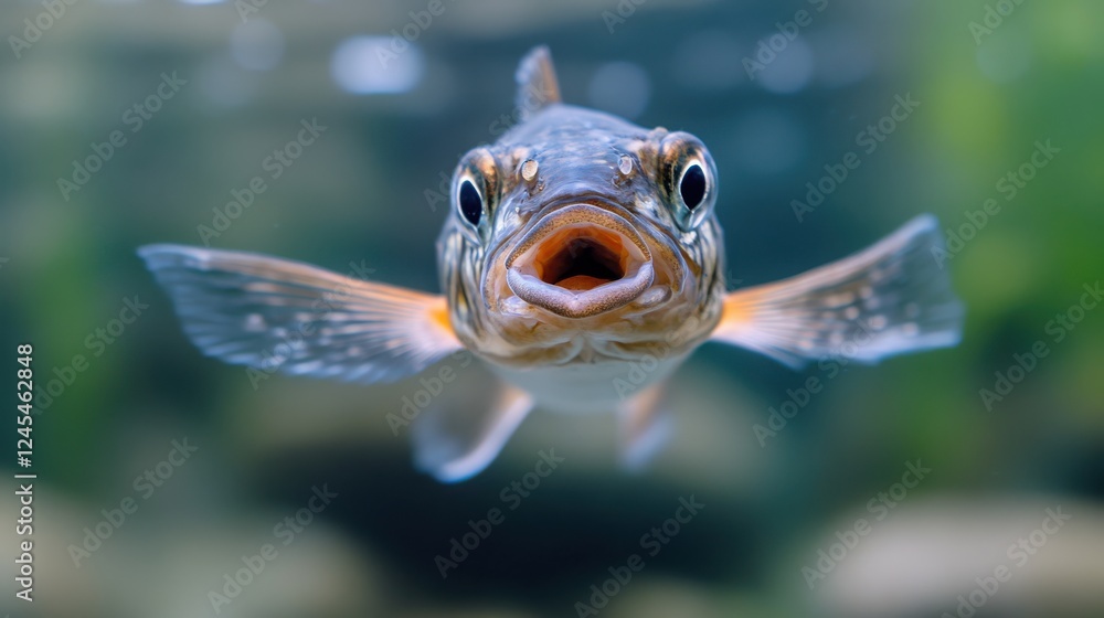 A fish swims gracefully in an aquarium, mouth agape, captured in fluid ...