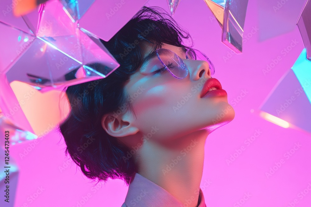 Neon Dreamscape Portrait Contemplative Model in Fragmented Mirrors and ...