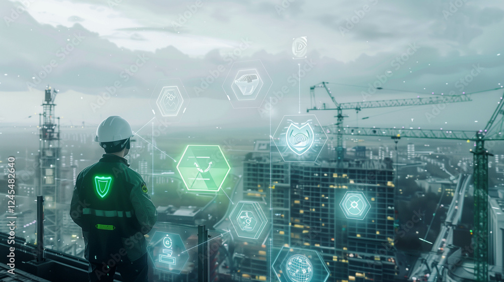 Construction Worker Overlooking Smart City Infrastructure with Digital ...