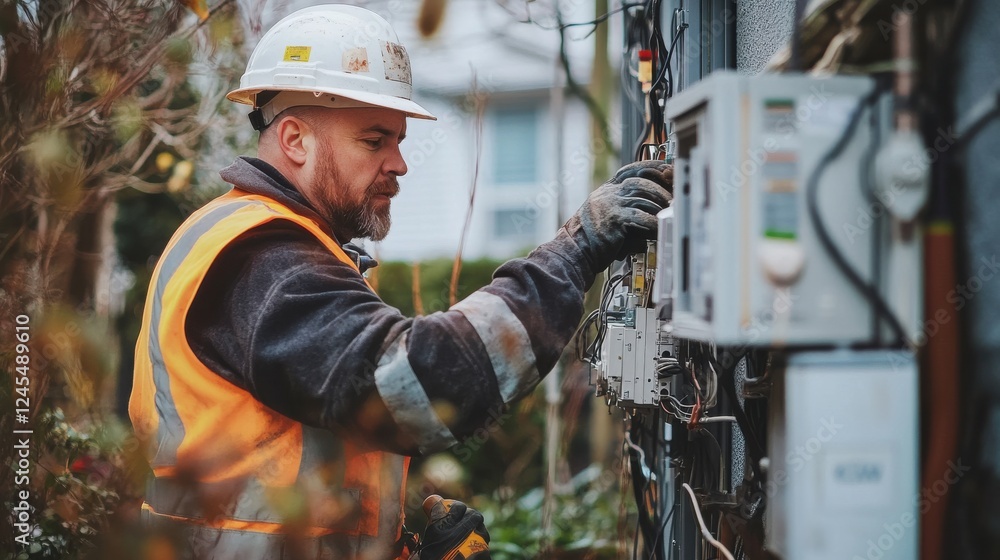 Full body shot of an electrician wearing a hard hat and safety vest ...