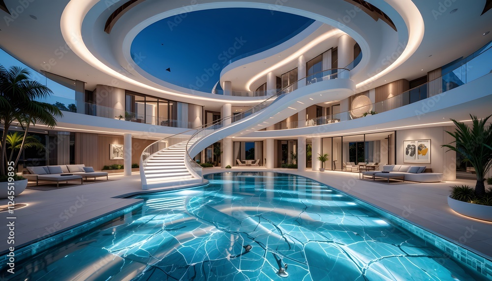 8K ultra-modern villa with a helical staircase centerpiece, kinetic ...