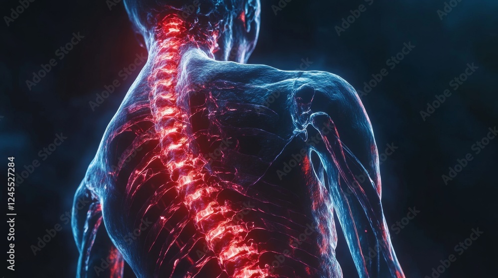 Medical 3D visualization of spinal inflammation, translucent blue human ...